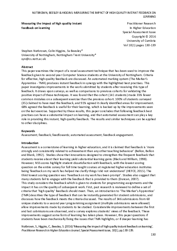 (PDF) Measuring the impact of high quality instant feedback on learning