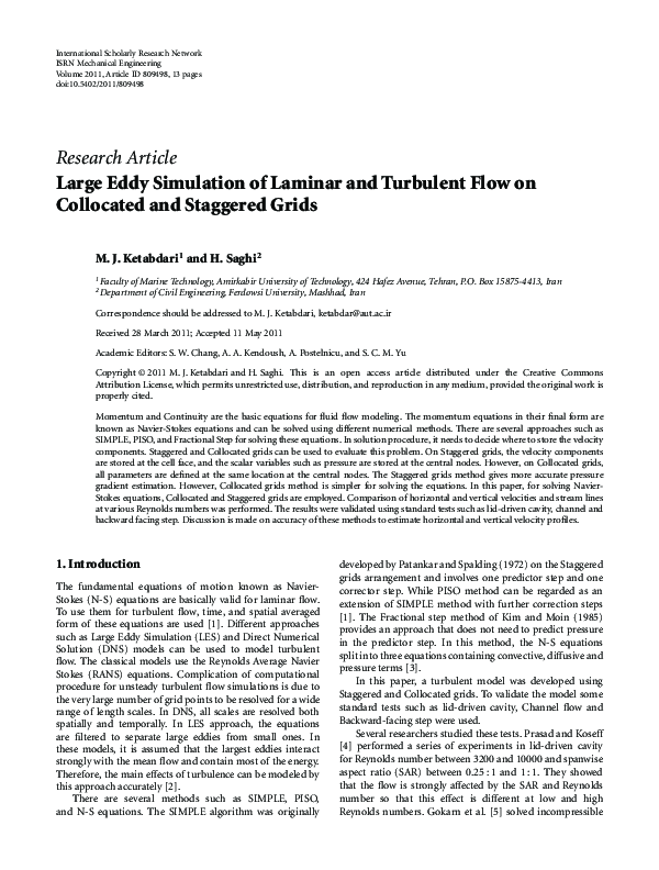 (PDF) Large Eddy Simulation of Laminar and Turbulent Flow on Collocated and Staggered Grids