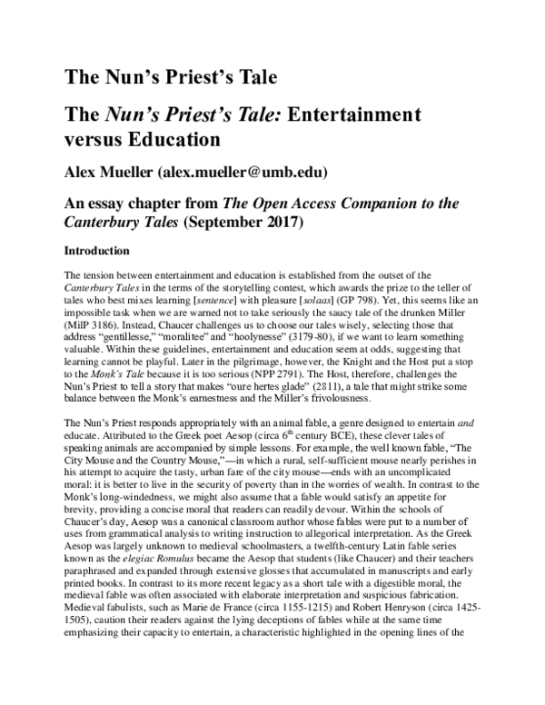 (PDF) The Nun's Priest's Tale: Entertainment versus Education