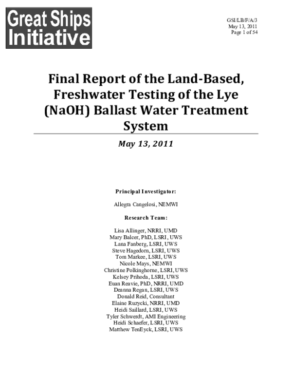 (PDF) Final Report of the Land-Based, Freshwater Testing of the Lye ...