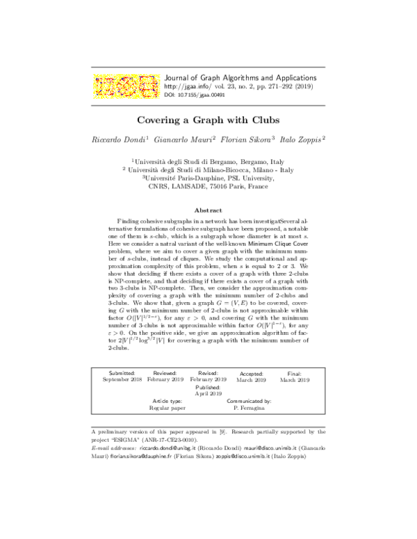 (PDF) Covering a Graph with Clubs