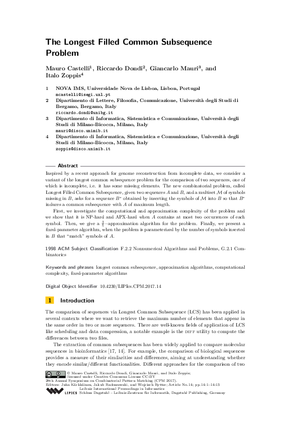 (PDF) The Longest Filled Common Subsequence Problem