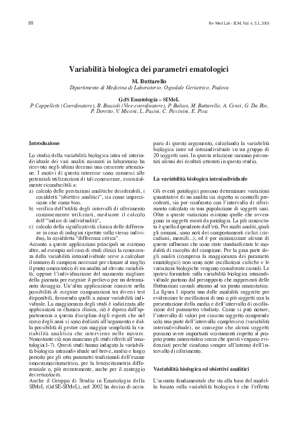 (PDF) Variabilità biologica dei parametri ematologici