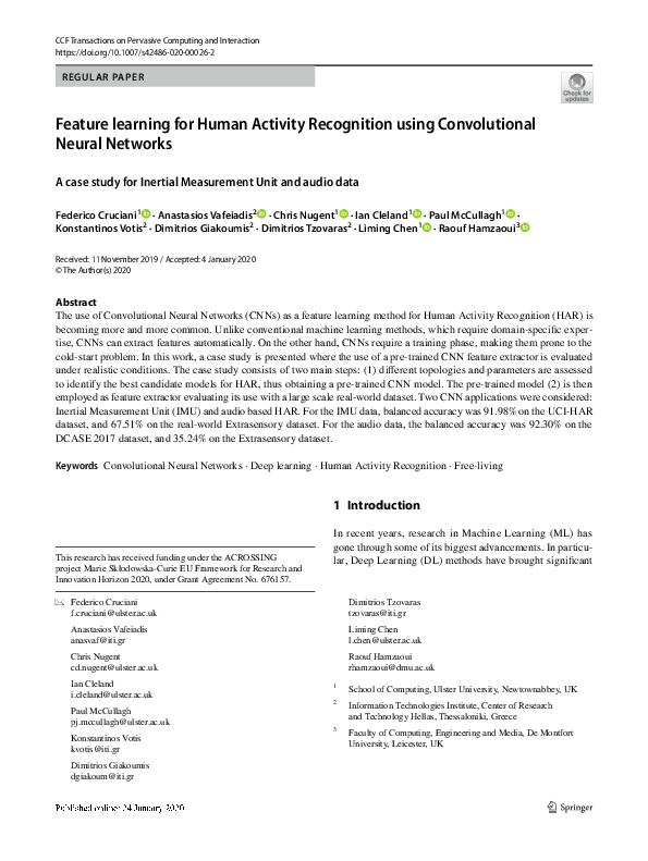 (PDF) Feature learning for Human Activity Recognition using Convolutional Neural Networks
