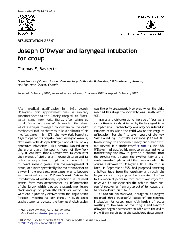 (PDF) Joseph O’Dwyer and laryngeal intubation for croup