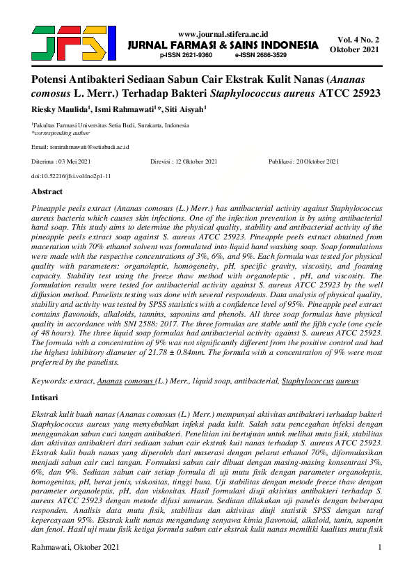 (PDF) Potensi Antibakteri Sediaan Sabun Cair Ekstrak Kulit Nanas (Ananas comosus L. Merr ...