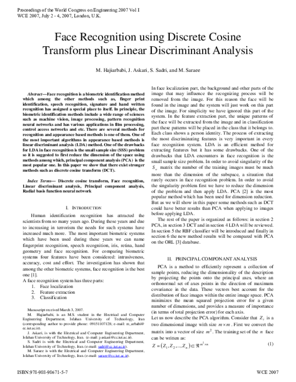 (PDF) Face recognition using the discrete cosine transform