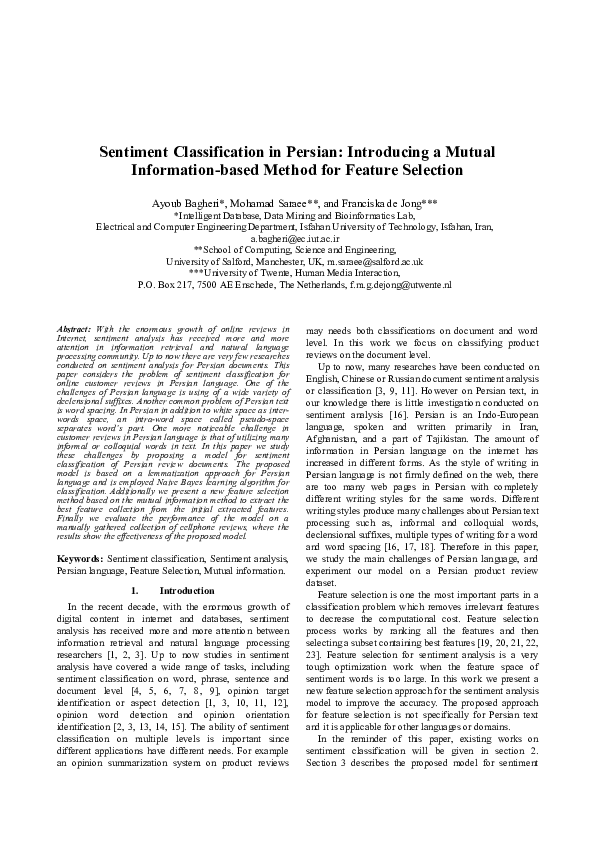 Pdf Sentiment Classification In Persian Introducing A Mutual Information Based Method For