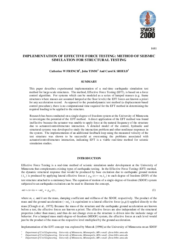 (PDF) Implementation of Effective Force Testing : Method of Seismic ...