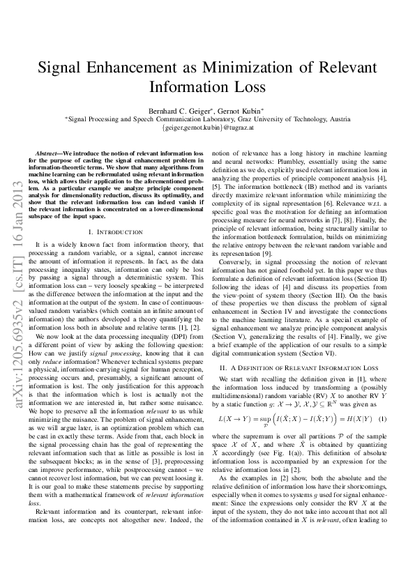 (PDF) Signal enhancement as minimization of relevant information loss