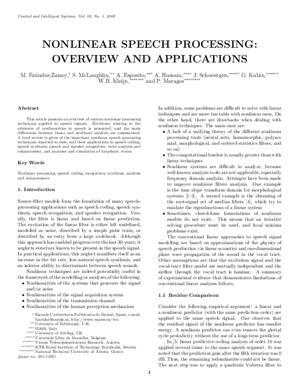 (PDF) Nonlinear speech processing: overview and applications