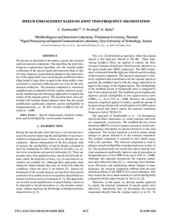 (PDF) Speech enhancement based on joint time-frequency segmentation