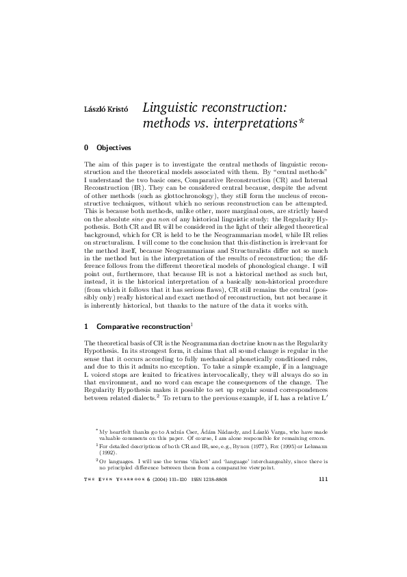 (PDF) Linguistic reconstruction : methods vs . interpretations * 0