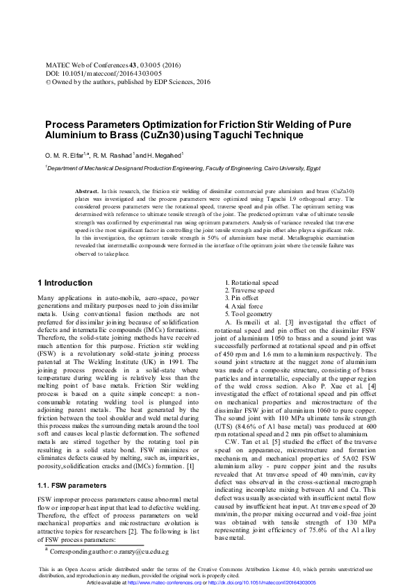 (PDF) Process Parameters Optimization for Friction Stir Welding of Pure Aluminium to Brass ...