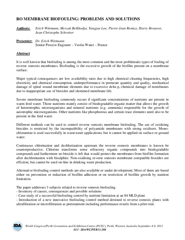 (PDF) Ro Membrane Biofouling: Problems and Solutions
