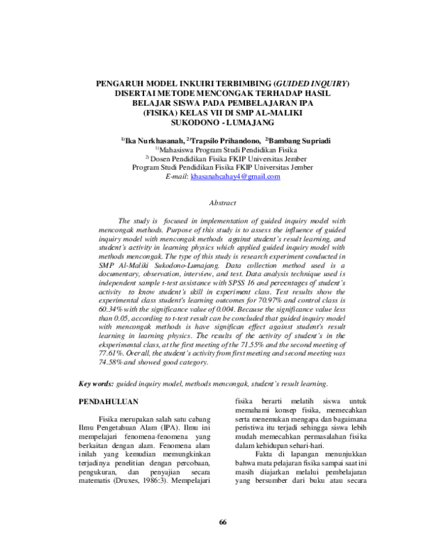 (PDF) Pengaruh Model Inkuiri Terbimbing (Guided Inquiry) Disertai Metode Mencongak Terhadap ...