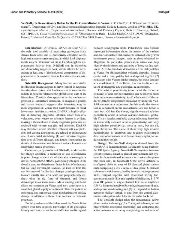 (PDF) VenSAR , the Revolutionary Radar for the EnVision Mission to Venus