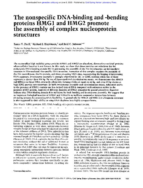 (PDF) The nonspecific DNA-binding and -bending proteins HMG1 and HMG2 ...