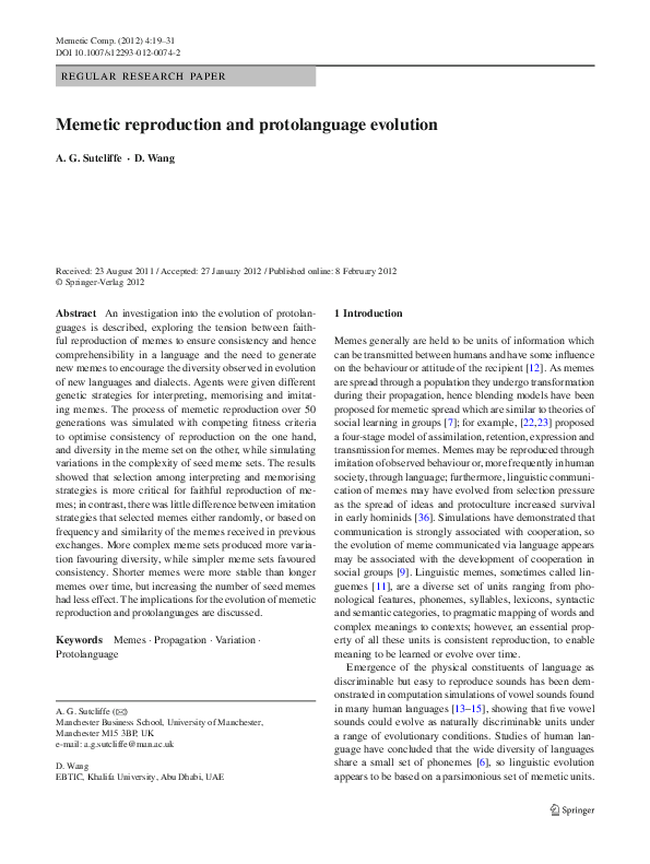 (PDF) Memetic reproduction and protolanguage evolution