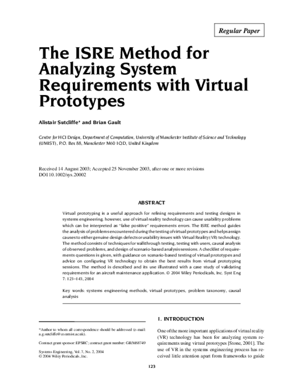 (PDF) The ISRE method for analyzing system requirements with virtual ...