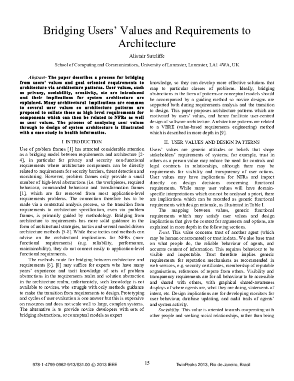 (PDF) Bridging users' values and requirements to architecture