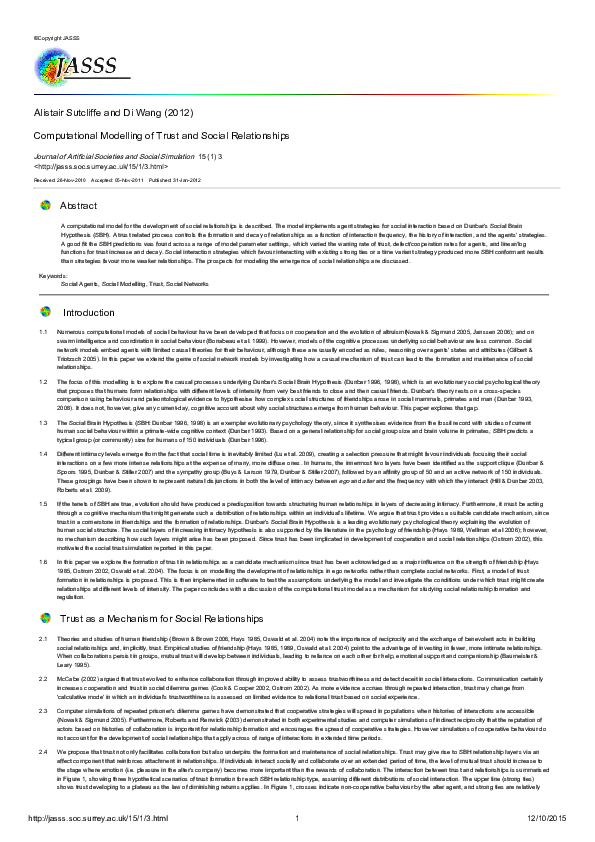 Pdf Computational Modelling Of Trust And Social Relationships