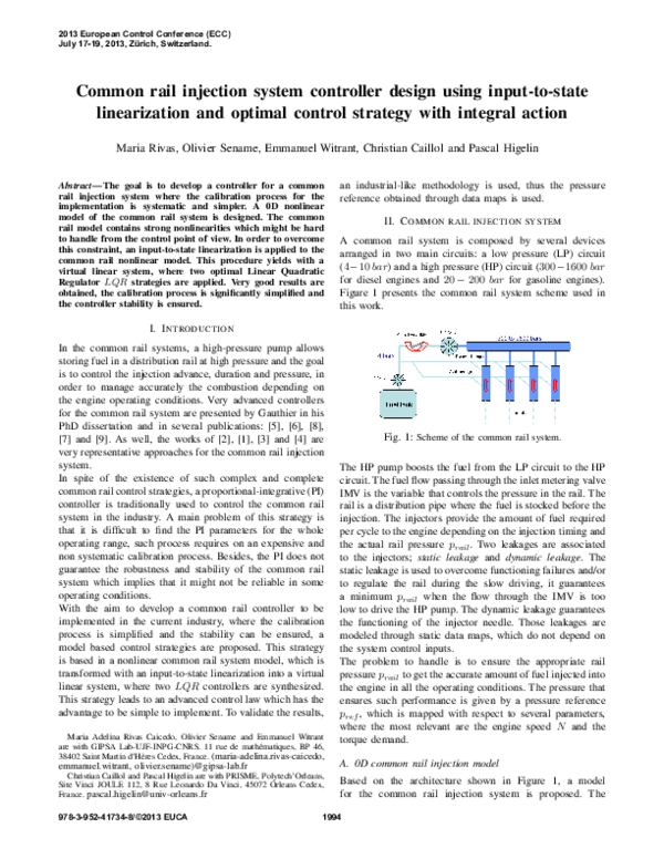 Pdf Common Rail Injection System Controller Design Using Input To State Linearization And