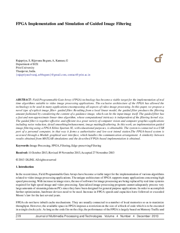 (PDF) FPGA Implementation and Simulation of Guided Image Filtering