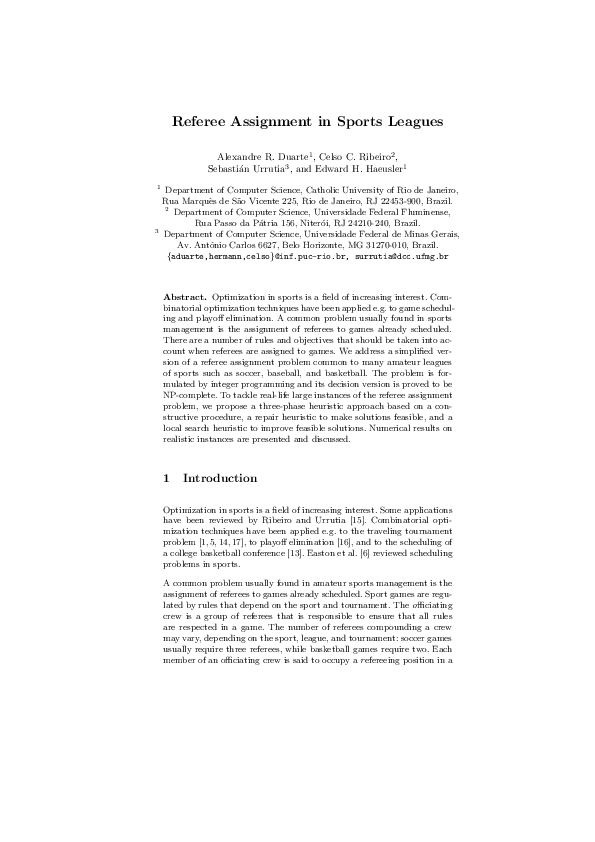 (PDF) Referee Assignment in Sports Leagues