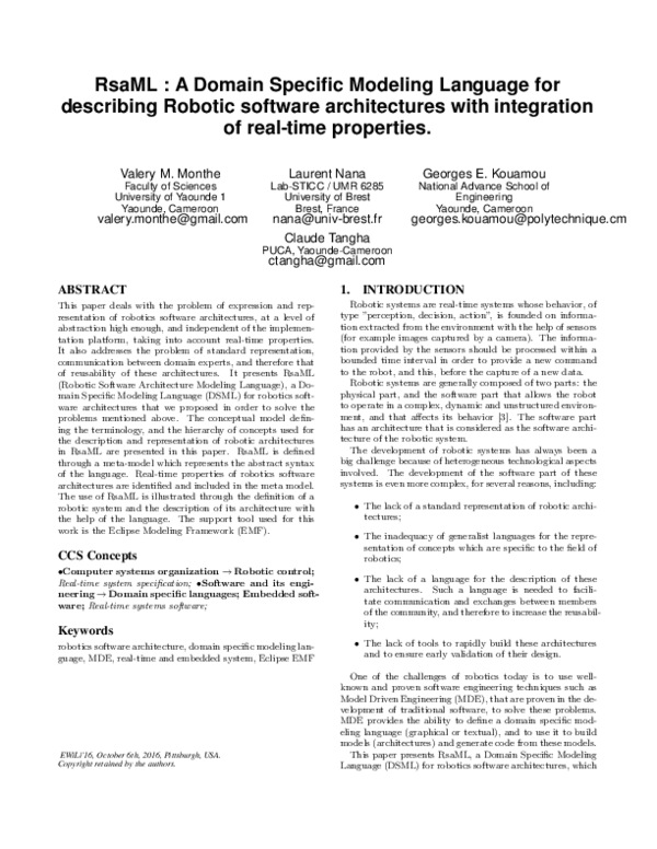 (PDF) RsaML : A Domain Specific Modeling Language for describing Robotic software architectures ...
