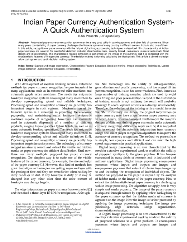 (PDF) Indian Paper Currency Authentication System-A Quick ...