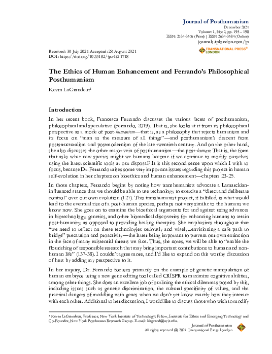 (PDF) The Ethics of Human Enhancement and Ferrando’s Philosophical Posthumanism