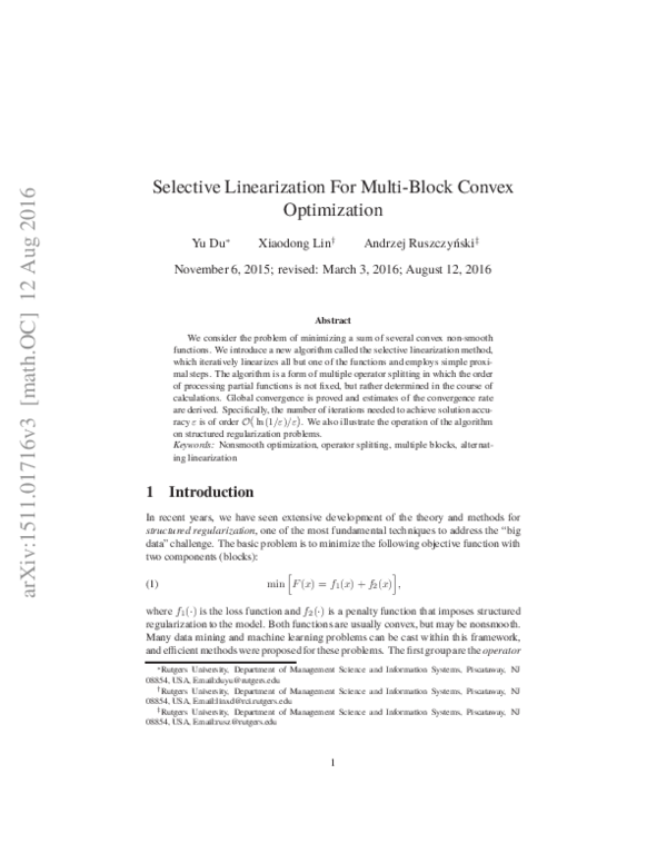 (PDF) Selective Linearization For Multi-Block Convex Optimization