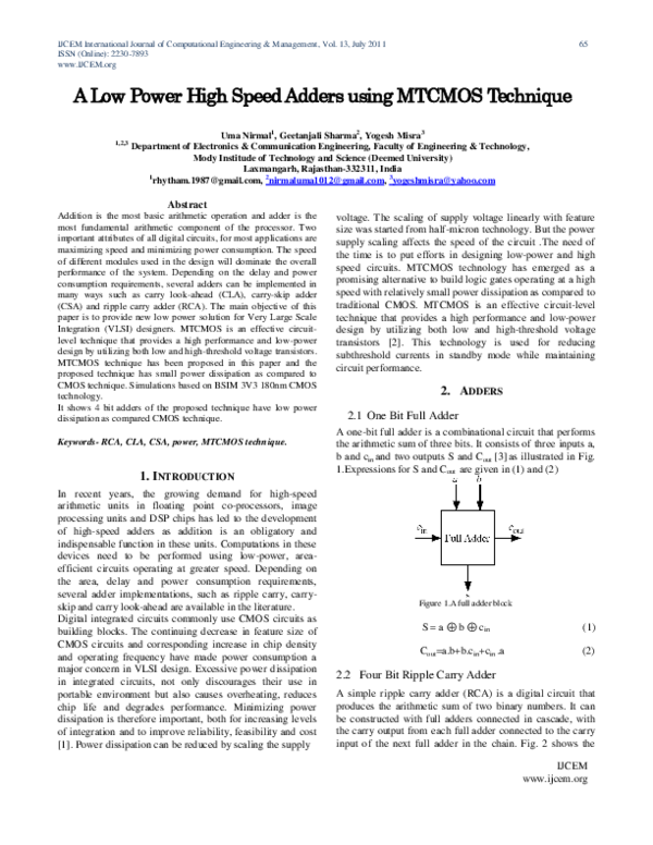 (PDF) A Low Power High Speed Adders using MTCMOS Technique