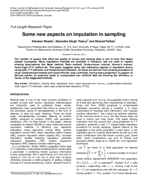 Pdf Some New Aspects On Imputation In Sampling