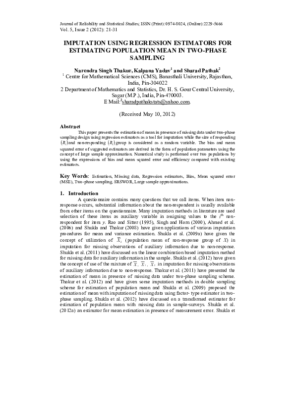 Pdf Imputation Using Regression Estimators For Estimating Population Mean In Two Phase Sampling