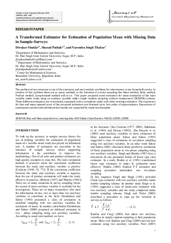 Pdf A Transformed Estimator For Estimation Of Population Mean With Missing Data In Sample Surveys