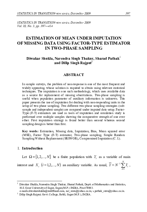 Pdf Estimation Of Mean Under Imputation Of Missing Data Using Factor Type Estimator In Two 6340
