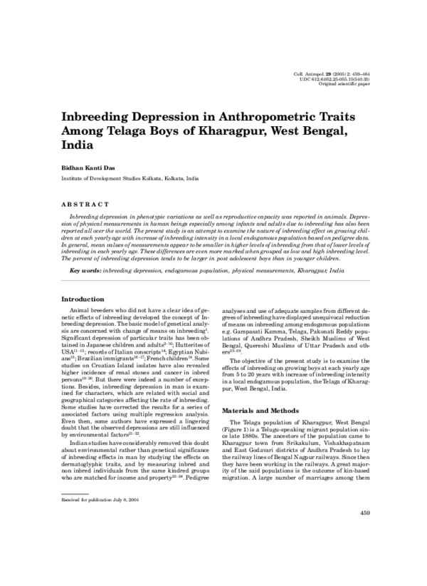 (PDF) Inbreeding depression in anthropometric traits among Telaga boys of Kharagpur, West Bengal ...