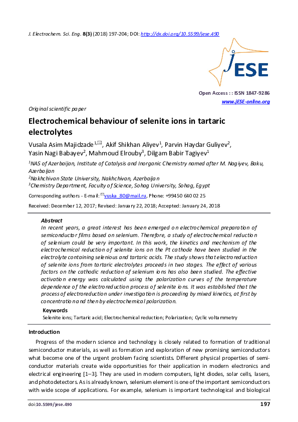 (PDF) Electrochemical behaviour of selenite ions in tartaric electrolytes