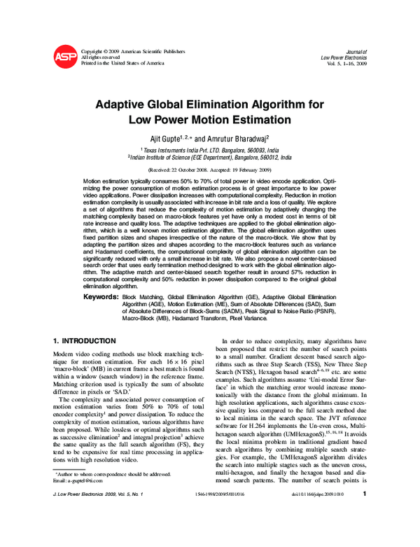 Pdf Adaptive Global Elimination Algorithm For Low Power Motion Estimation Ajit Gupte