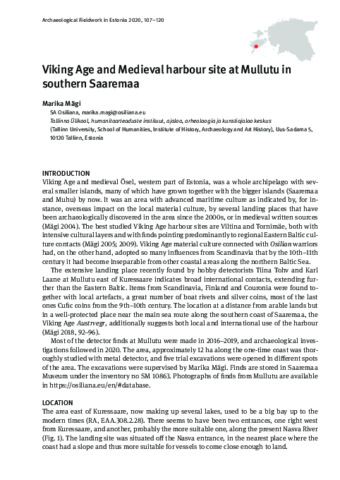 (PDF) Mägi, M. 2021. Viking Age and Medieval harbour site at Mullutu in ...