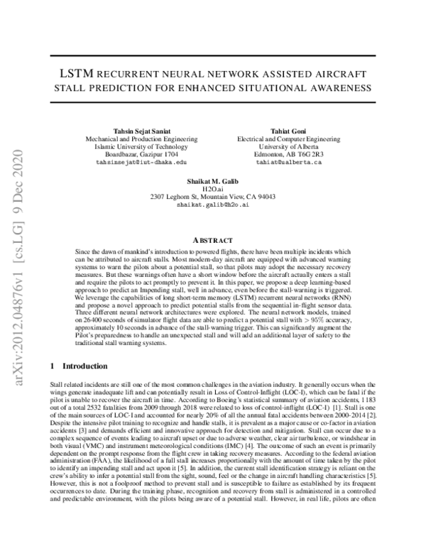 (PDF) LSTM recurrent neural network assisted aircraft stall prediction for enhanced situational ...
