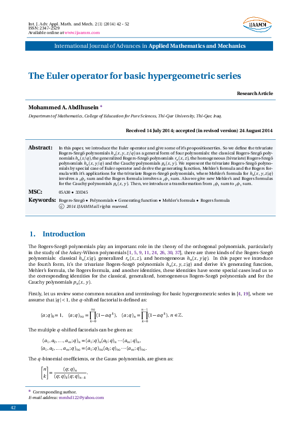 (PDF) The Euler operator for basic hypergeometric series