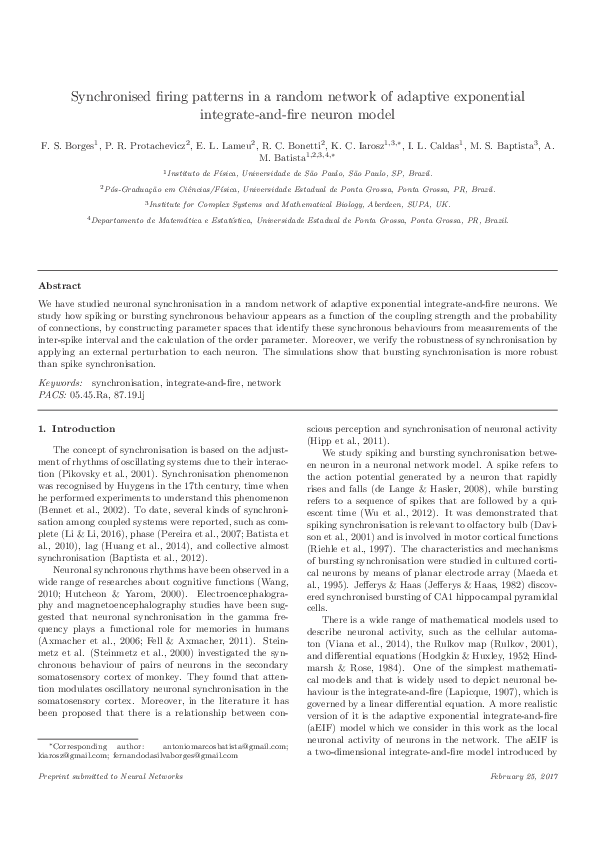 Pdf Synchronised Firing Patterns In A Random Network Of Adaptive Exponential Integrate And