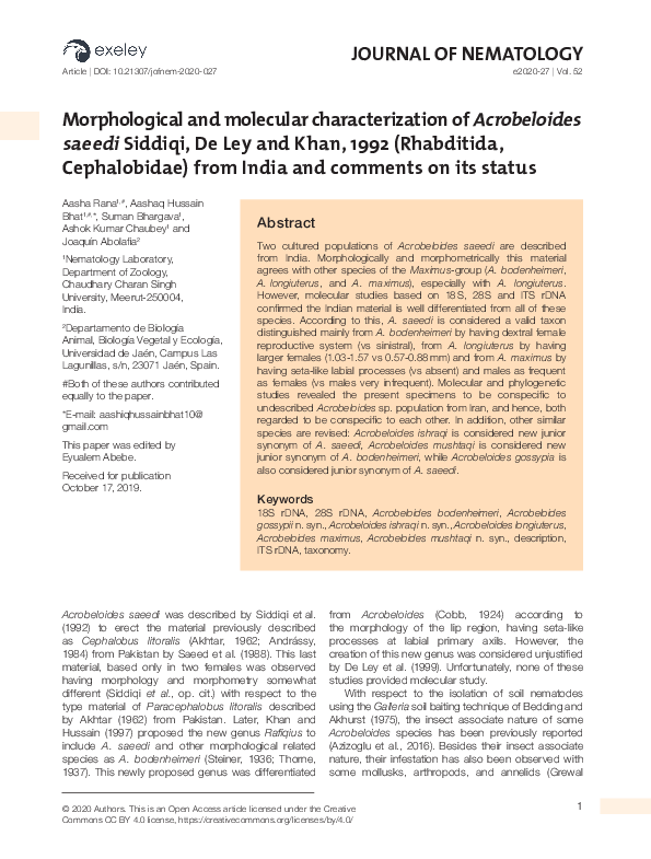 (PDF) Morphological and molecular characterization of Acrobeloides ...