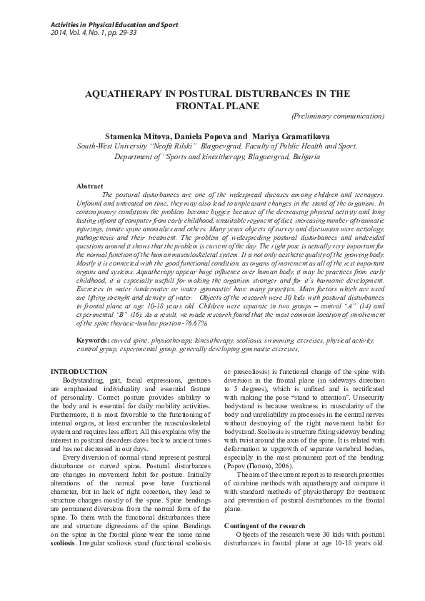 (PDF) AQUATHERAPY IN POSTURAL DISTURBANCES IN THE FRONTAL PLANE (Preliminary communication)