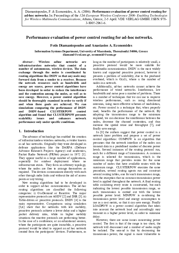 Pdf Performance Evaluation Of Power Control Routing For Ad Hoc Networks