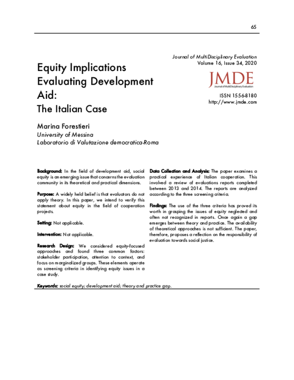 (PDF) Equity Implications in Evaluating Development Aid: The Italian Case