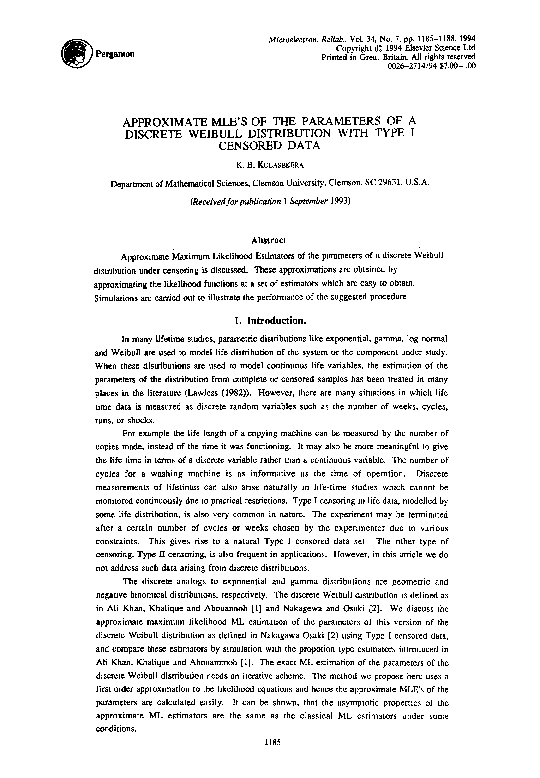 Pdf Approximate Mles Of The Parameters Of A Discrete Weibull Distribution With Type I